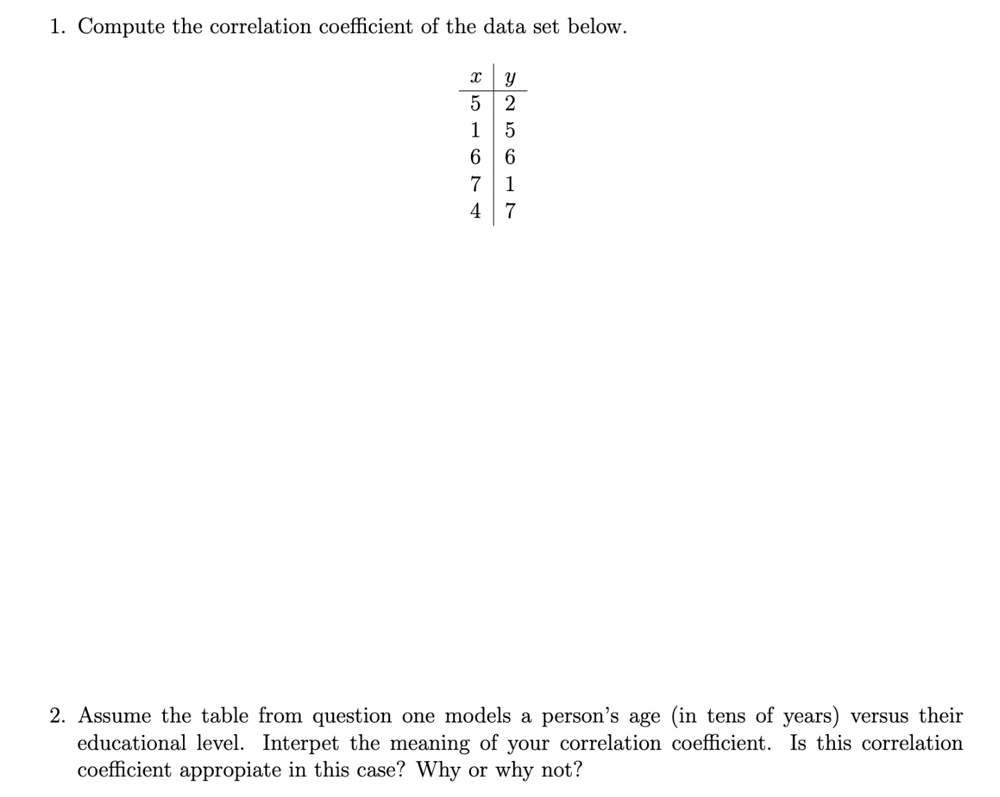 Solved 1. Compute the correlation coefficient of the data | Chegg.com
