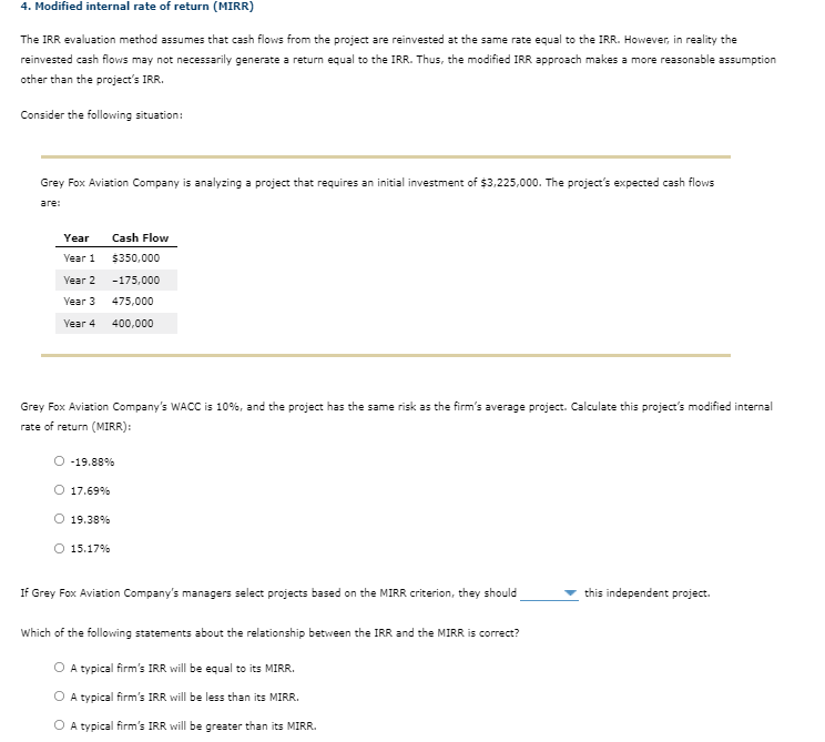 Solved 4. Modified internal rate of return (MIRR) The IRR | Chegg.com