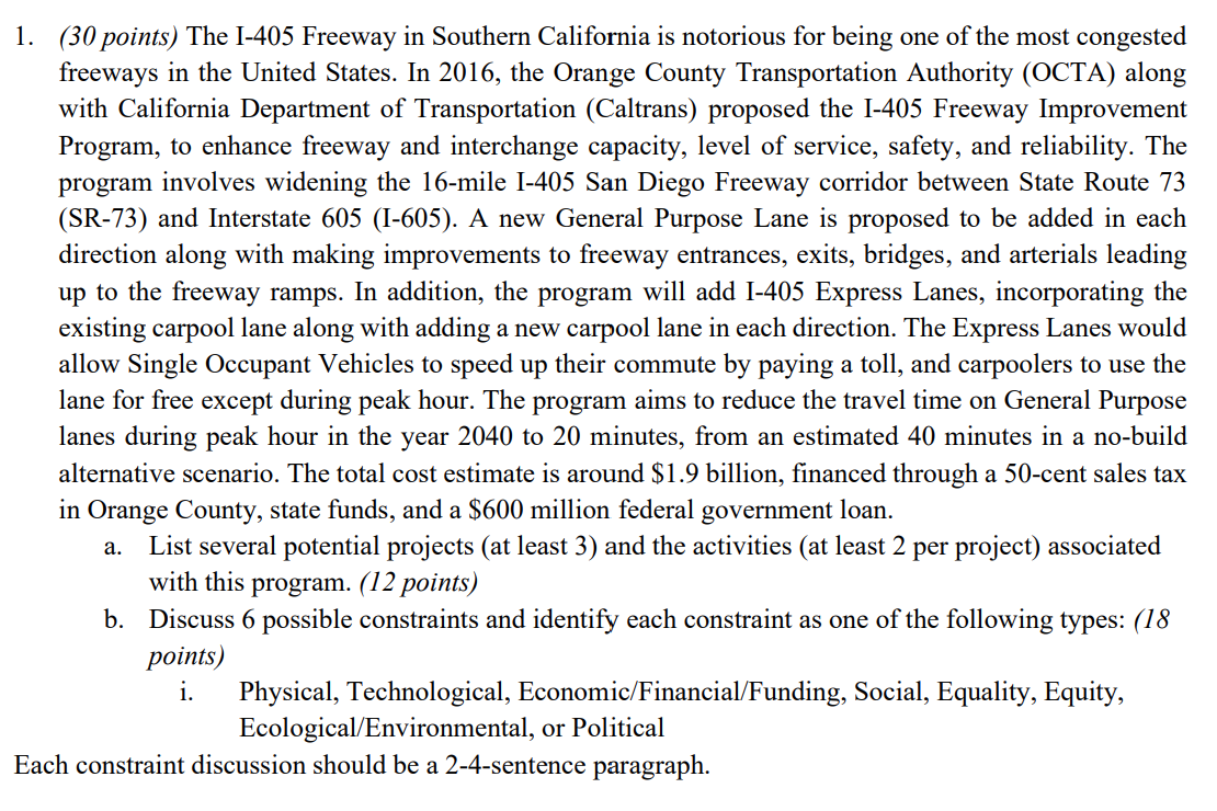Solved 1. (30 points) The I-405 Freeway in Southern | Chegg.com