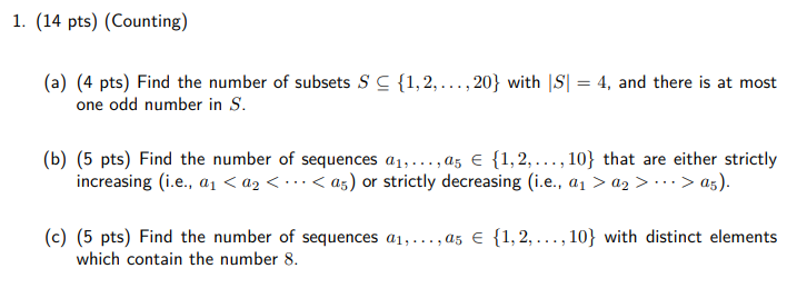Solved (a) (4 pts) Find the number of subsets S⊆{1,2,…,20} | Chegg.com