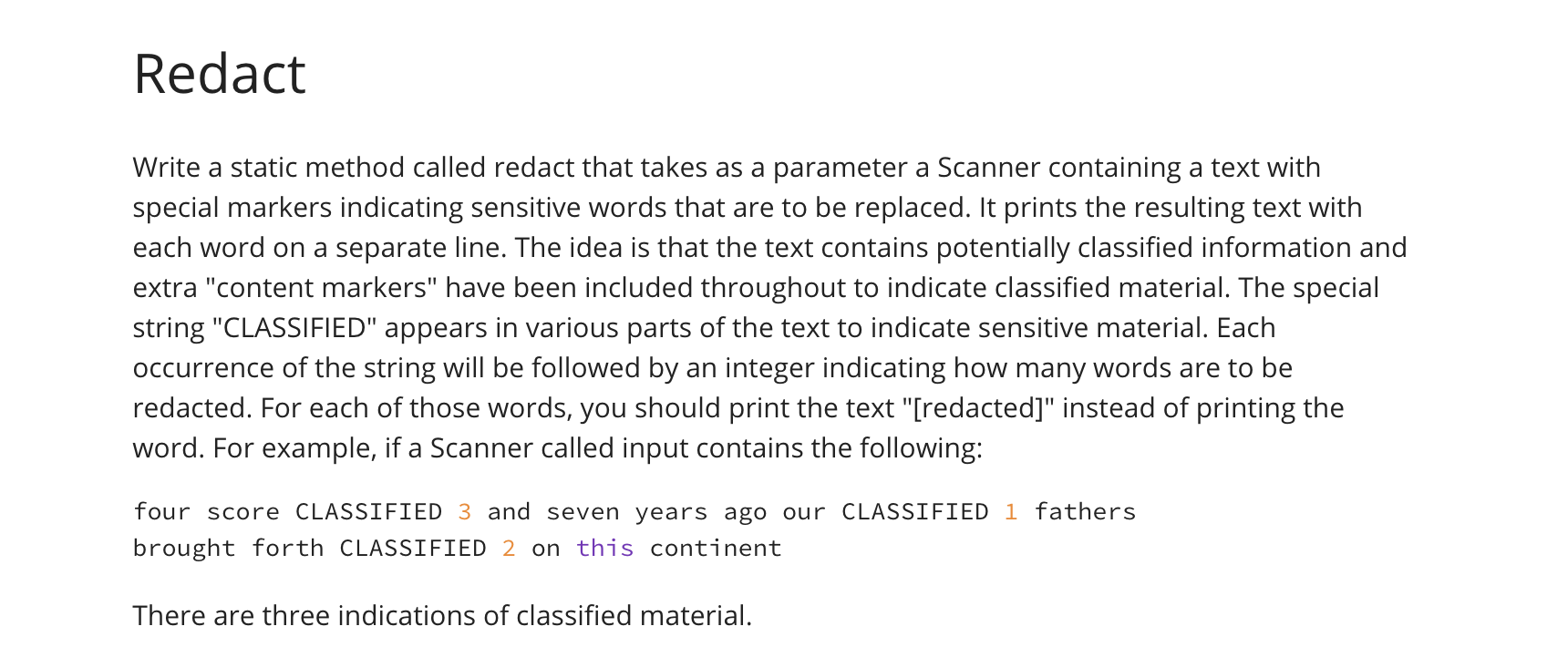 Solved Redact Write a static method called redact that takes | Chegg.com