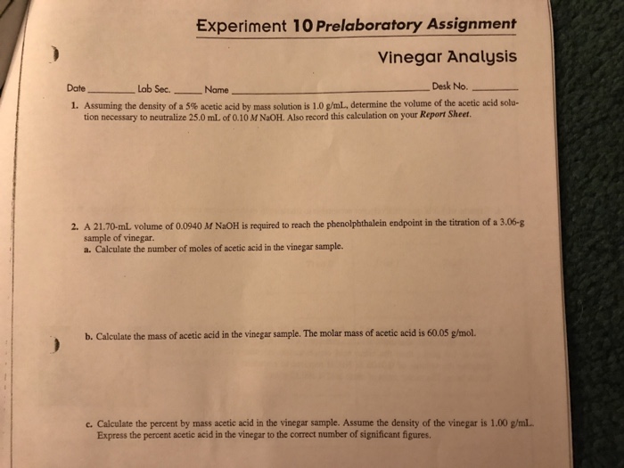 Solved Experiment 10 Prelaboratory Assignment Vinegar | Chegg.com
