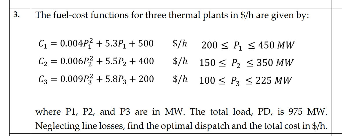 Solved The fuel-cost functions for three thermal plants in | Chegg.com