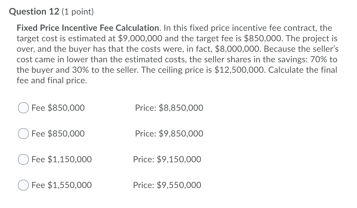 Solved Question 12 (1 point) Fixed Price Incentive Fee | Chegg.com