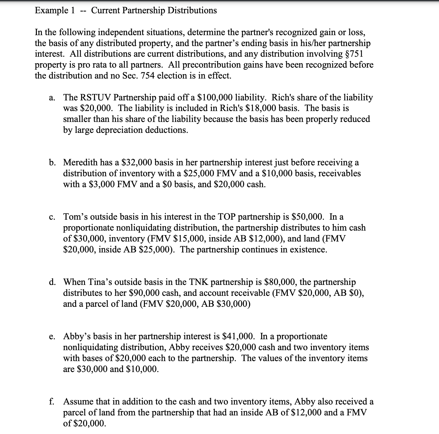 Solved Example 1 -- Current Partnership Distributions In the | Chegg.com