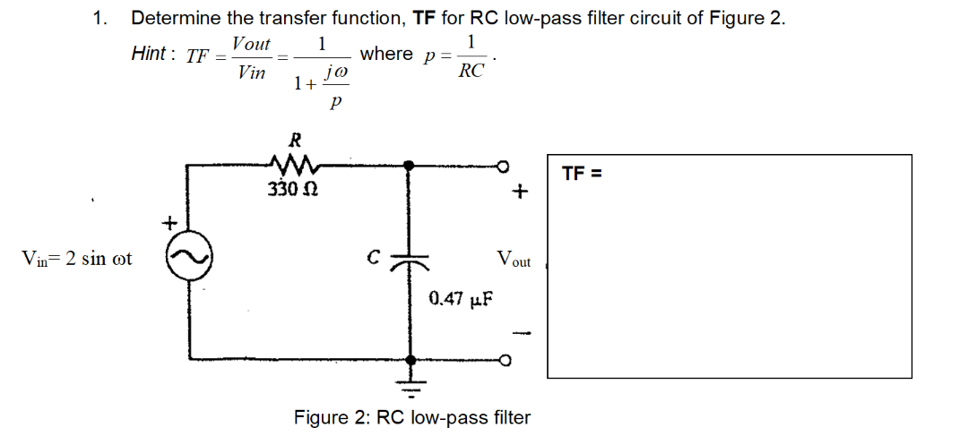 Solved 1. Determine the transfer function, TF for RC | Chegg.com