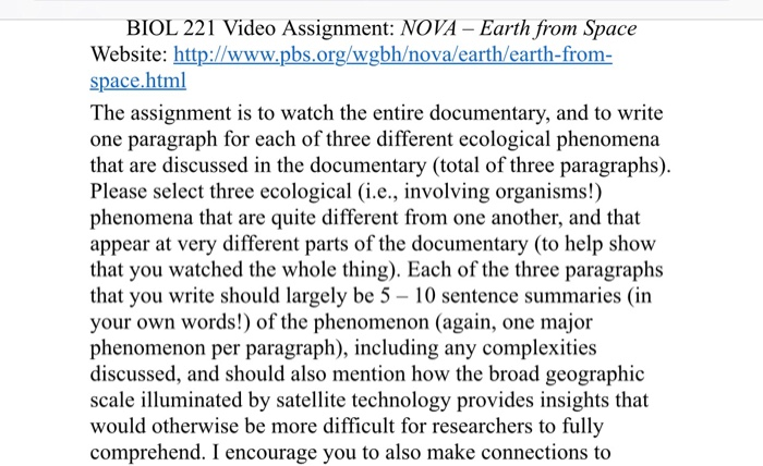 BIOL 221 Video Assignment: NOVA - Earth from Space | Chegg.com