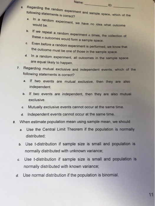 Solved Name: ID: 6. Regarding the random experiment and | Chegg.com