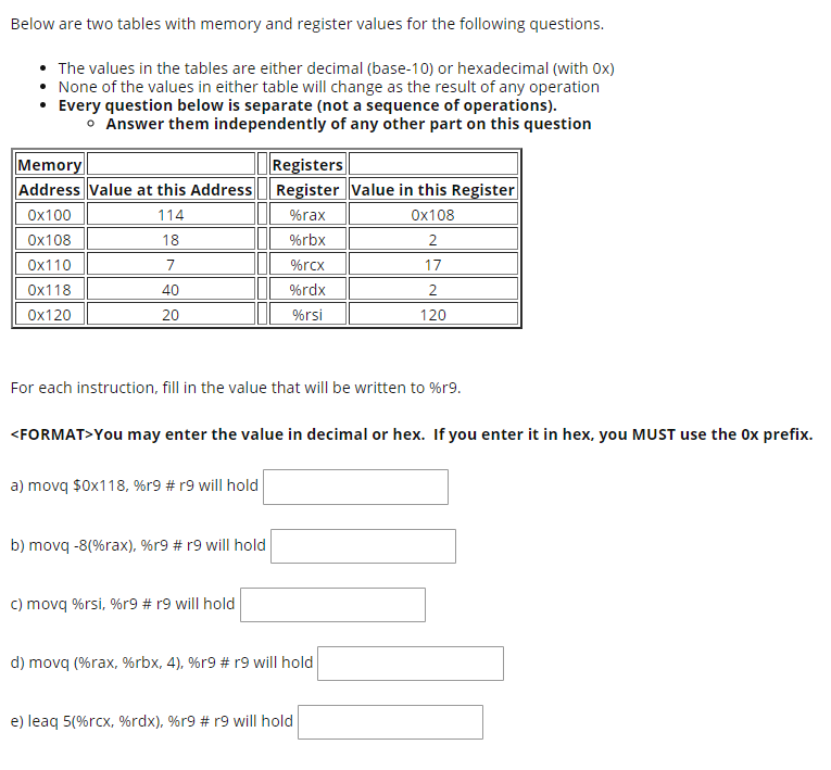 Solved Below are two tables with memory and register values | Chegg.com