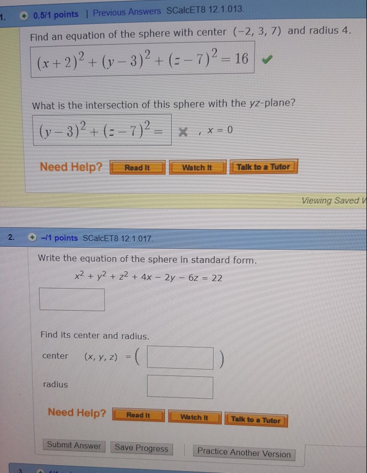 Solved 0.5/1 points | Previous Answers SCalcET8 12.1.013 | Chegg.com