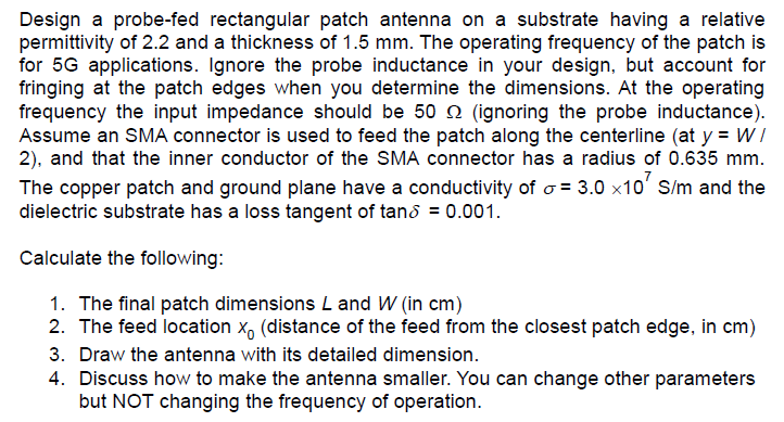 Solved Design a probe-fed rectangular patch antenna on a | Chegg.com
