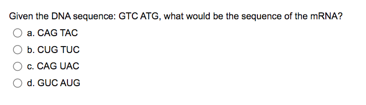 Solved Given the DNA sequence: GTC ATG, what would be the | Chegg.com