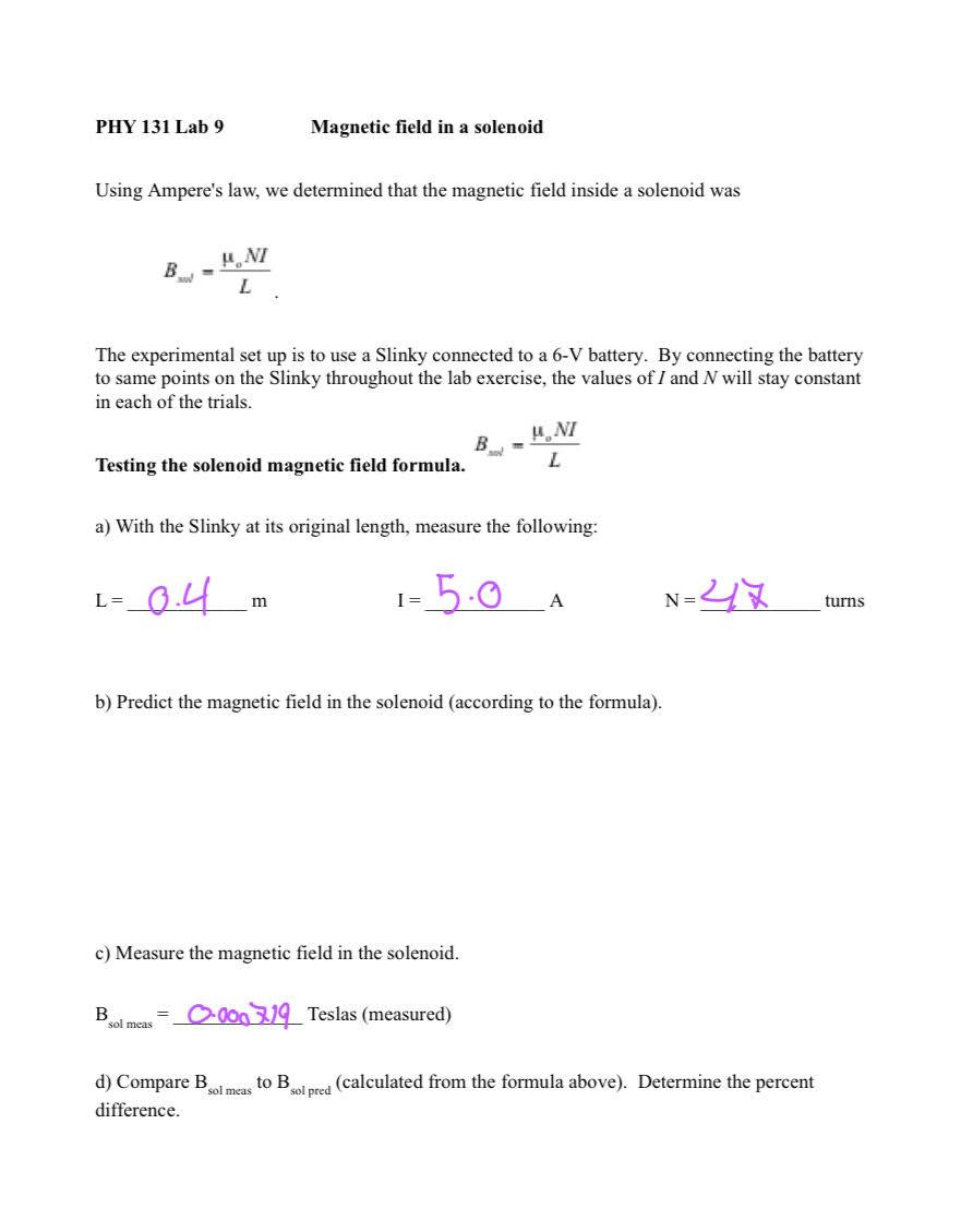Solved PHY 131 Lab 9 Magnetic field in a solenoid Using | Chegg.com