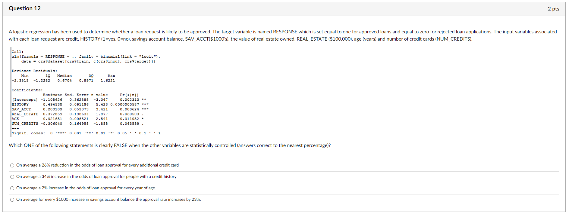 Solved Call: glm (formula = RESPONSE ∼ family =binomial( | Chegg.com