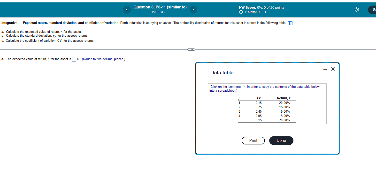 Solved a. ﻿Calculate the expected value of return, r˙, ﻿for | Chegg.com