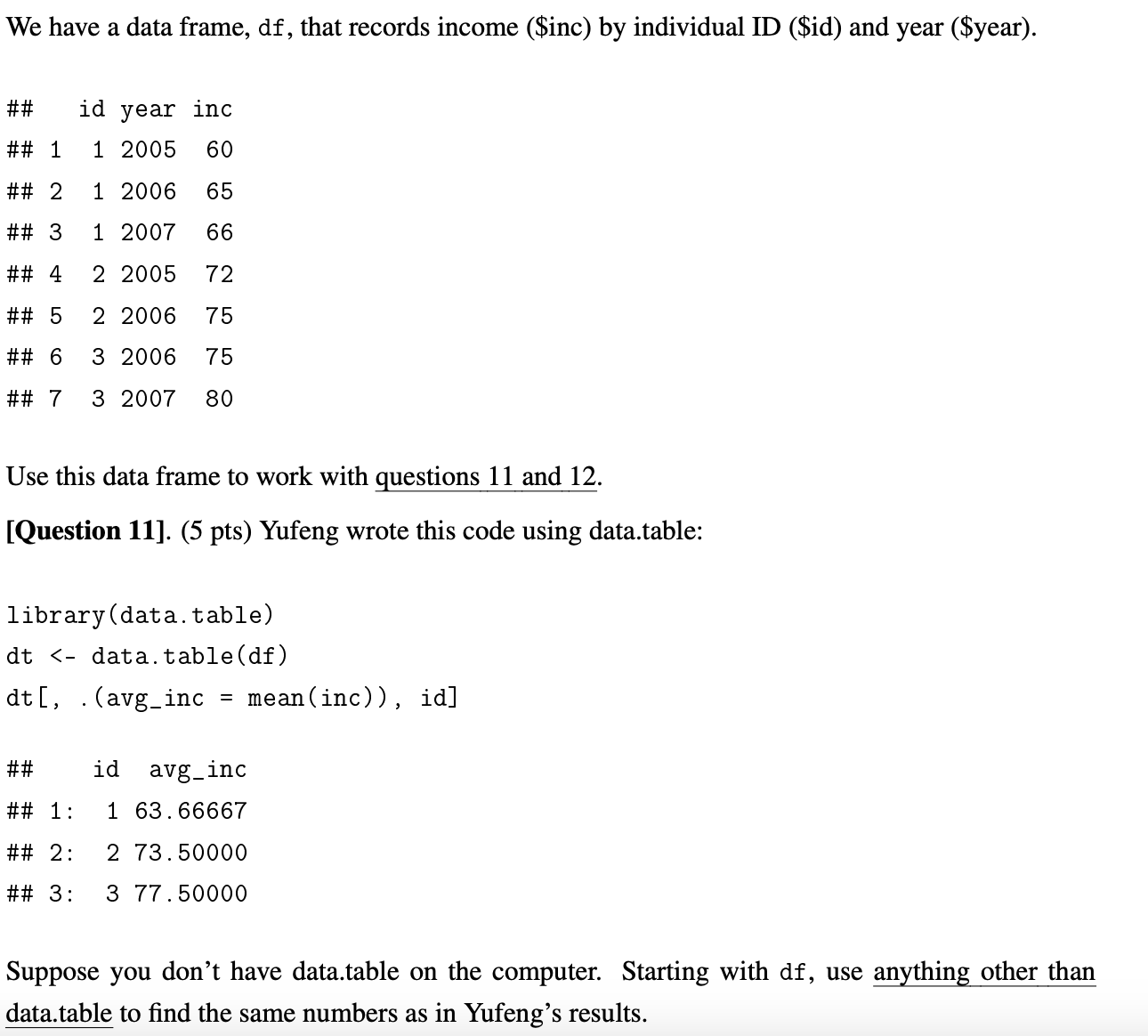 Solved We have a data frame, df, that records income | Chegg.com
