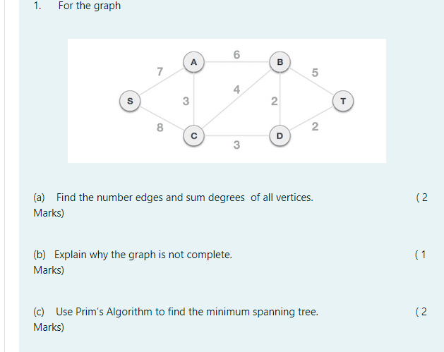 Solved 1. For the graph 6 A B 7 01 5 4 s 3 2. T 8 8 N с D 3 | Chegg.com