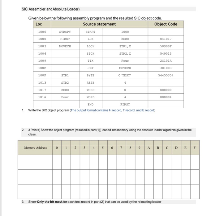 SIC Assembler andAbsolute Loader) Given below the | Chegg.com
