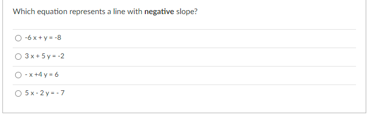 Solved Which equation represents a line with negative slope? | Chegg.com