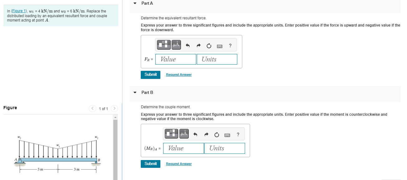 Solved In (Figure 1), w1=4kN/m and w2=6kN/m. Replace the | Chegg.com