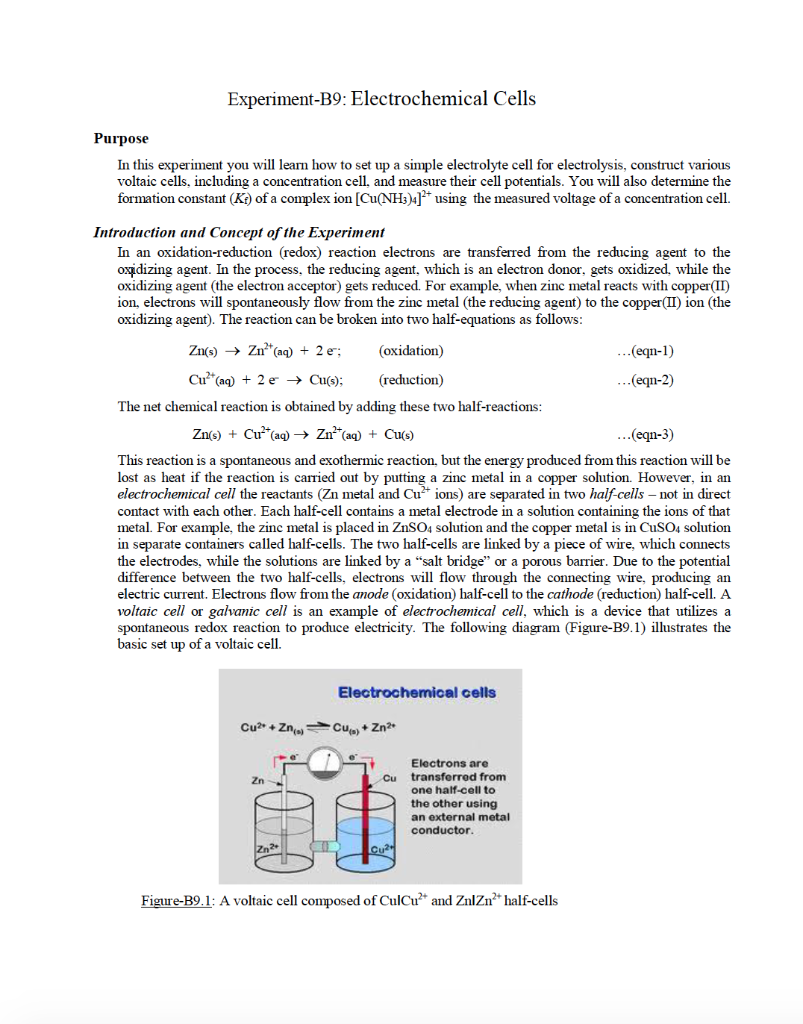 Experiment-B9: Electrochemical Cells Purpose In this | Chegg.com