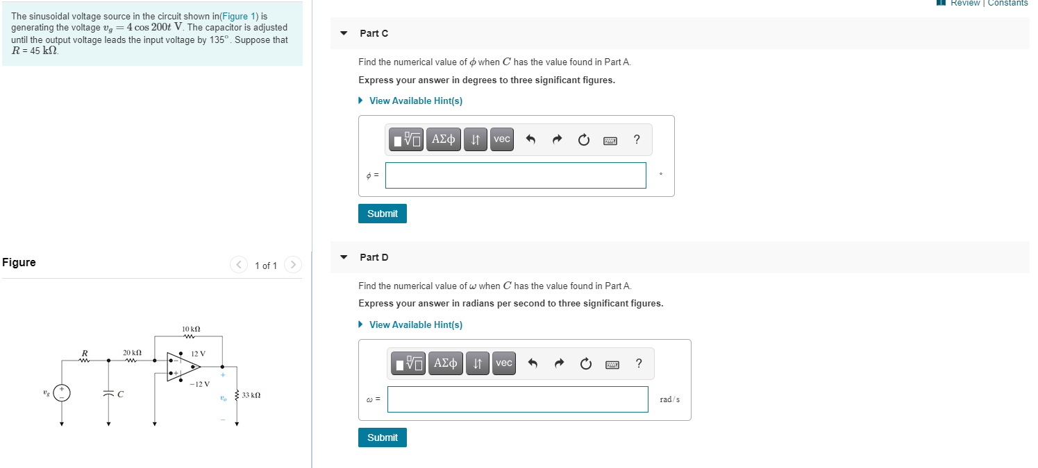 Solved Review Constants The sinusoidal voltage source in the | Chegg.com