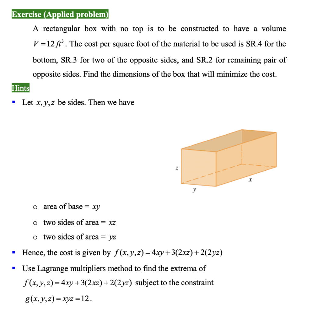 Solved Exercise (Applied problem) A rectangular box with no | Chegg.com