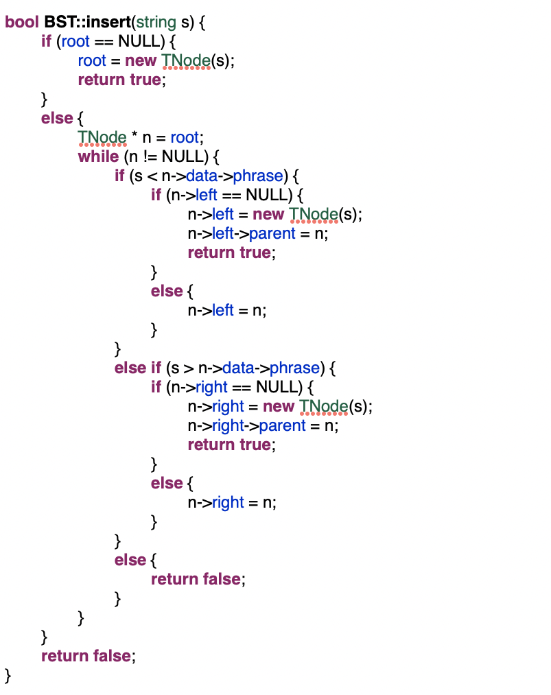 if (root bool BST::insert(string s) { NULL) { root = | Chegg.com