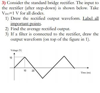Solved 3) Consider the standard bridge rectifier. The input | Chegg.com