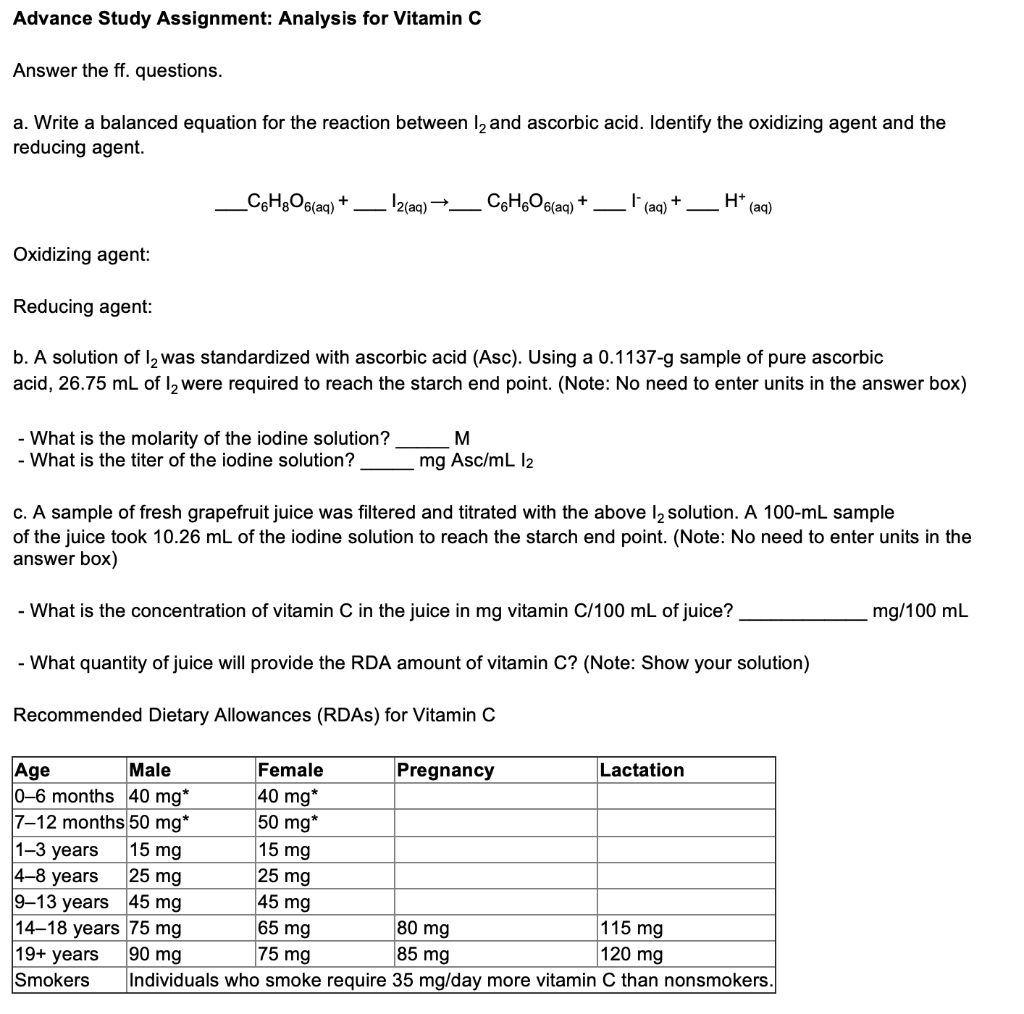 Solved Advance Study Assignment: Analysis for Vitamin C | Chegg.com