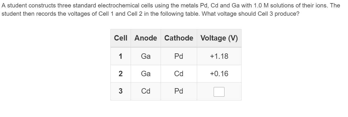 Solved A student constructs three standard electrochemical | Chegg.com