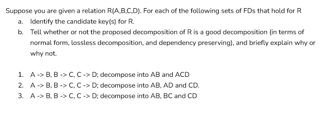 Solved Suppose you are given a relation R(A,B,C,D). For each | Chegg.com