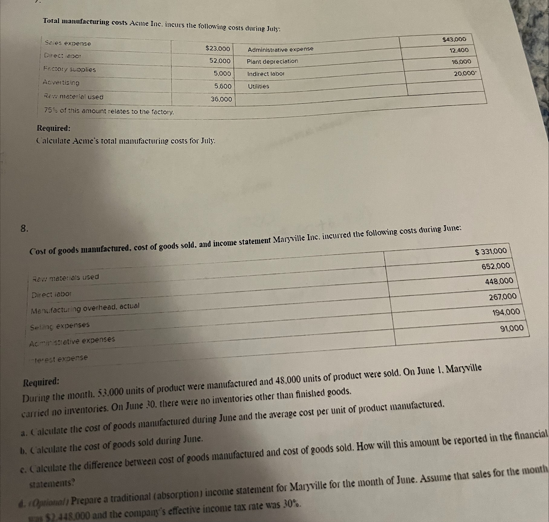 Solved Total manufacturing costs Acme Inc. incurs the | Chegg.com