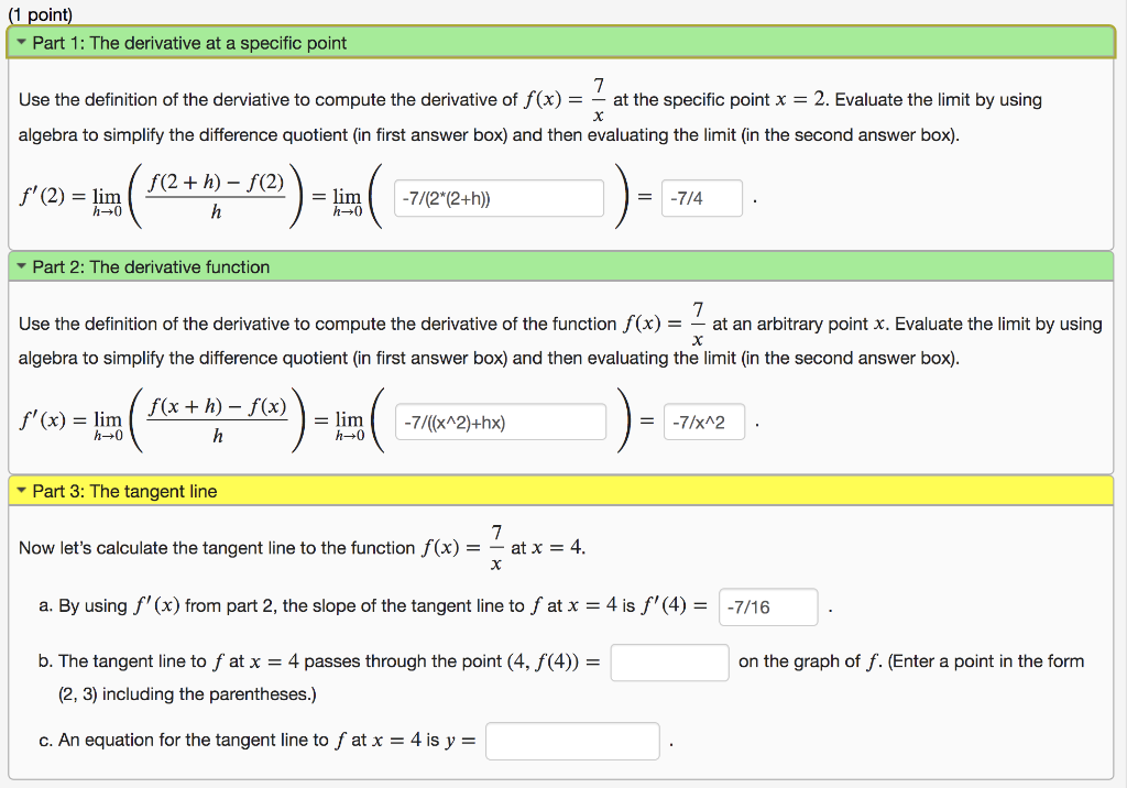 Solved (1 point) Part 1: The derivative at a specific point | Chegg.com