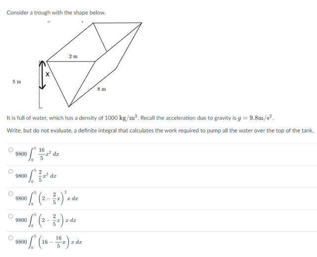 Solved Consider a trough with the shape below. 2 m X 5 m 8 m | Chegg.com