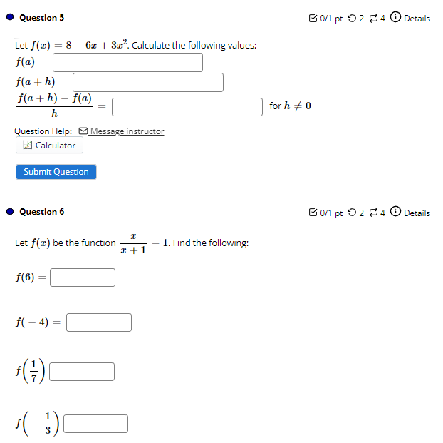 Solved Let f(x)=8−6x+3x2. Calculate the following values: | Chegg.com