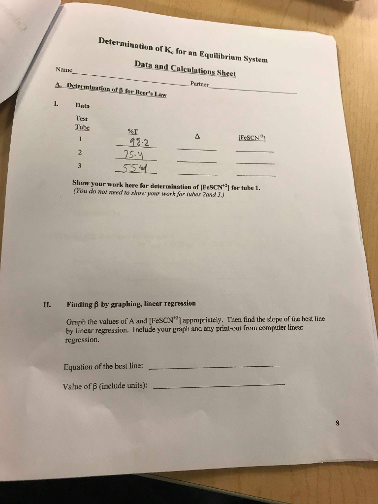 Determination of Kc for an Equilibrium System Data | Chegg.com
