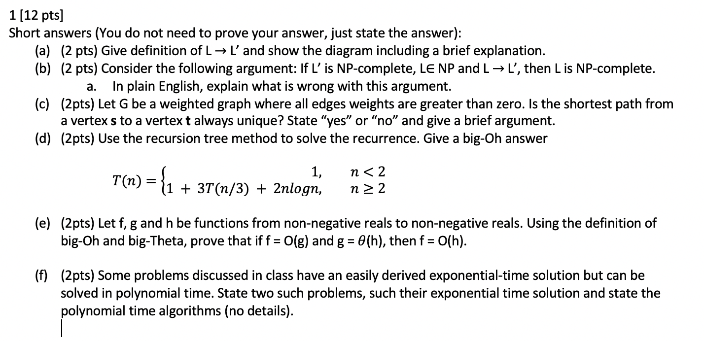 1 [12 pts] Short answers (You do not need to prove | Chegg.com