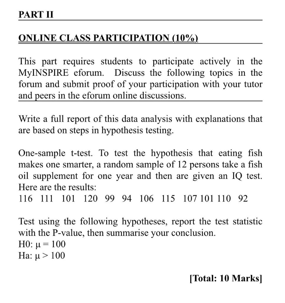 Solved PART II ONLINE CLASS PARTICIPATION (10%). This part | Chegg.com