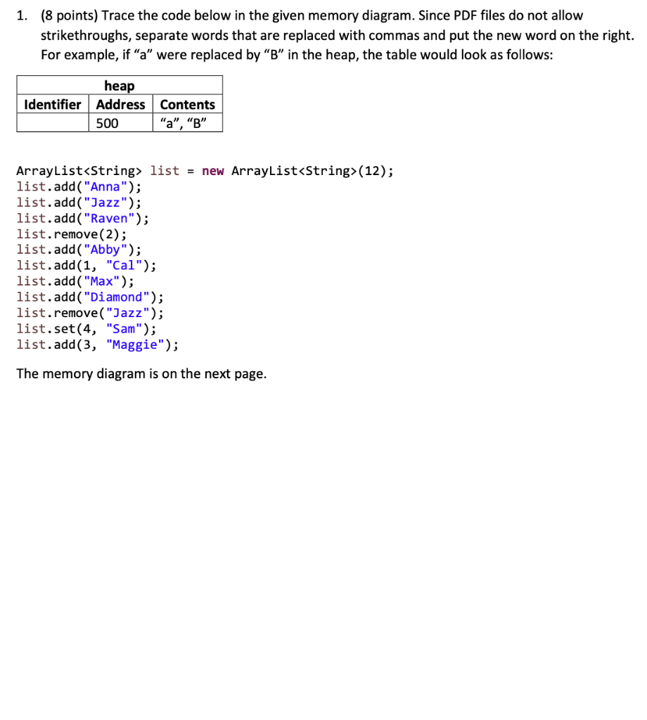 Solved 1. (8 points) Trace the code below in the given | Chegg.com