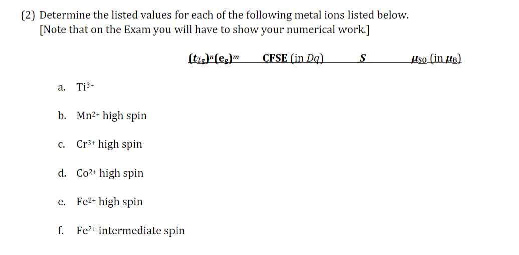 Solved (2) Determine the listed values for each of the | Chegg.com