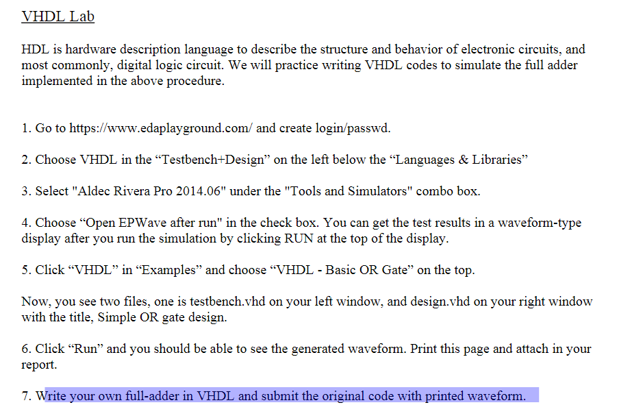 Solved VHDL Lab HDL is hardware description language to | Chegg.com