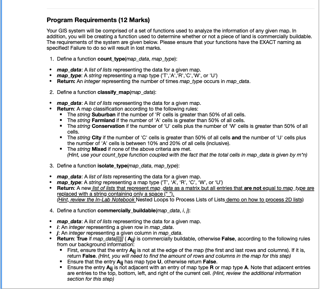 Solved Program Requirements (12 ﻿Marks)Your GIS system will | Chegg.com