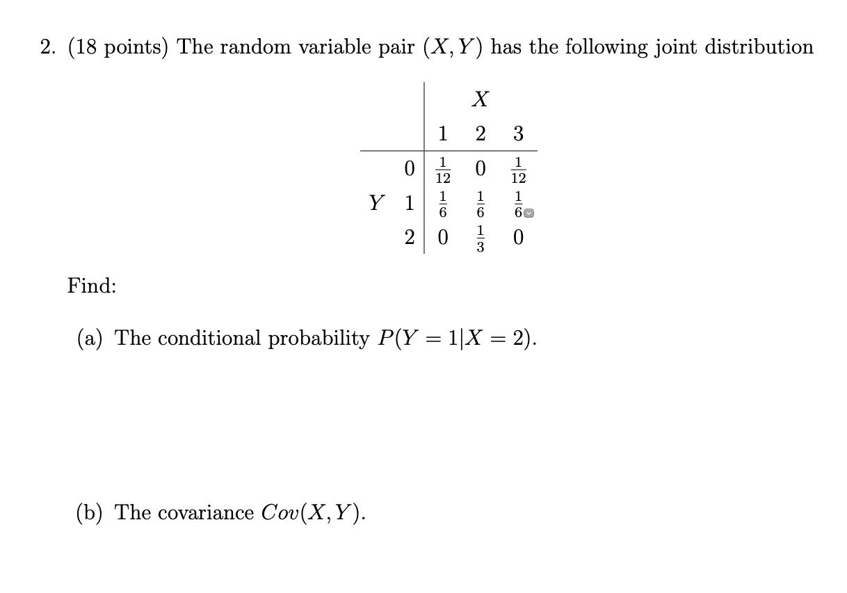 Solved 2. (18 points) The random variable pair (X, Y) has | Chegg.com