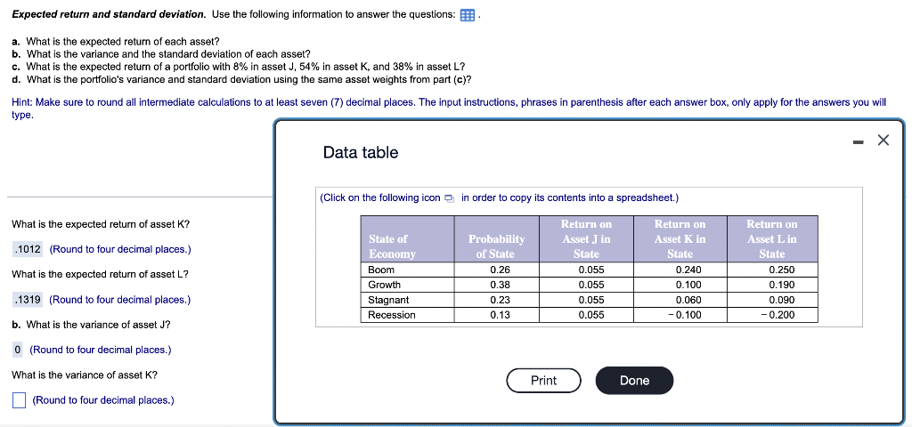 Solved Expected return and standard deviation. Use the | Chegg.com