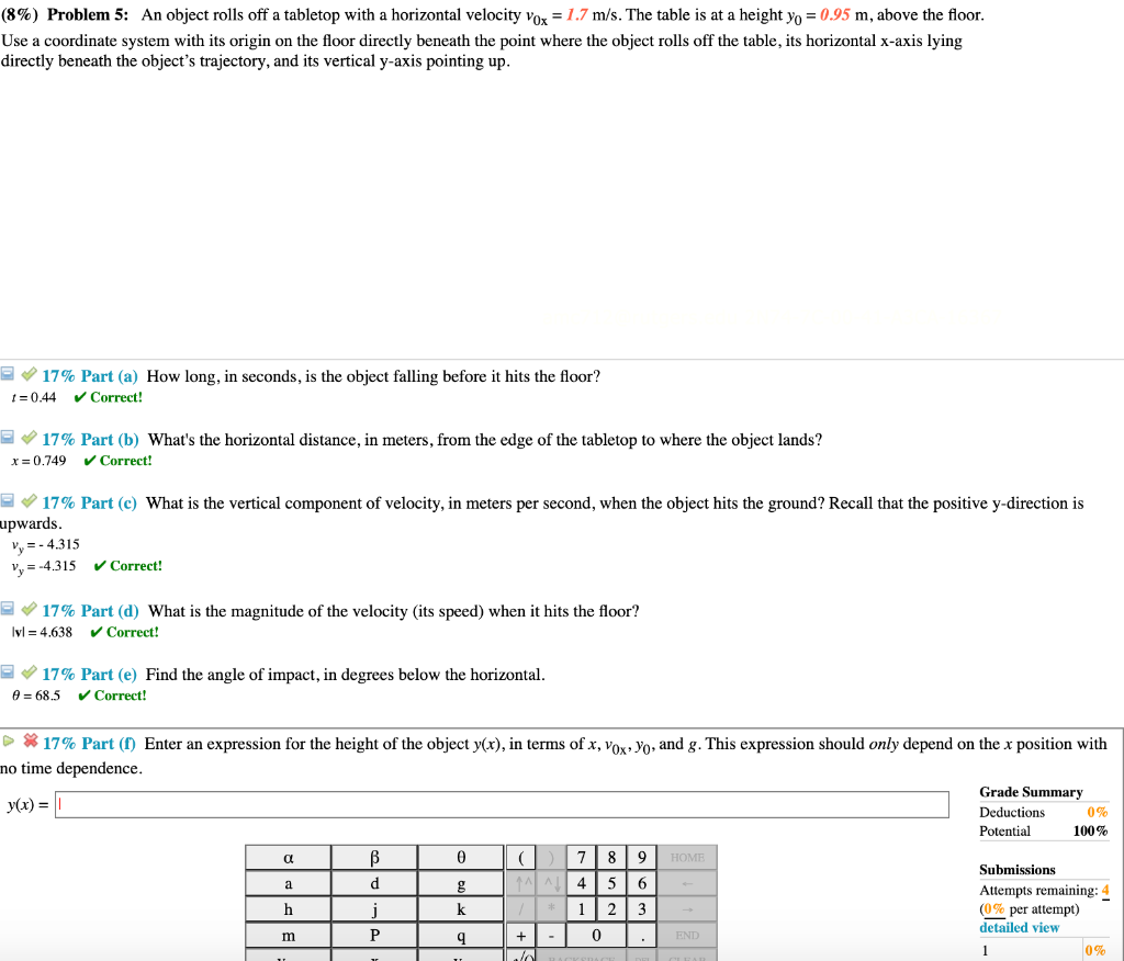 Solved (8%) Problem 5: An object rolls off a tabletop with a | Chegg.com