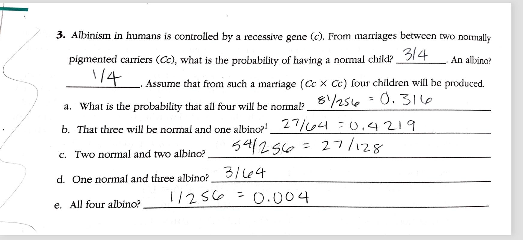 Solved 3. Albinism in humans is controlled by a recessive | Chegg.com