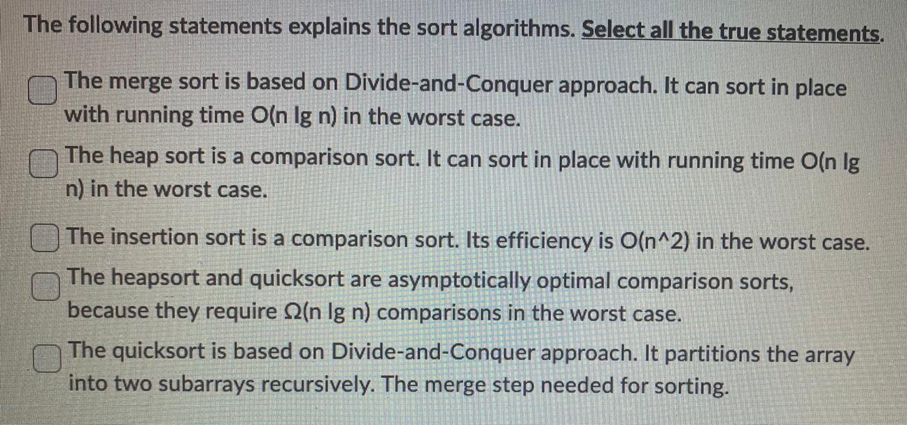 Solved The following statements explains the sort | Chegg.com