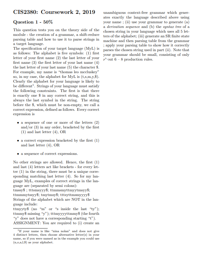 CIS2380: Coursework 2, 2019 unambiguous context-free | Chegg.com