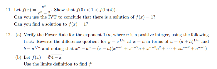Solved 11. Let f(x)=ex−2ex. Show that f(0)
